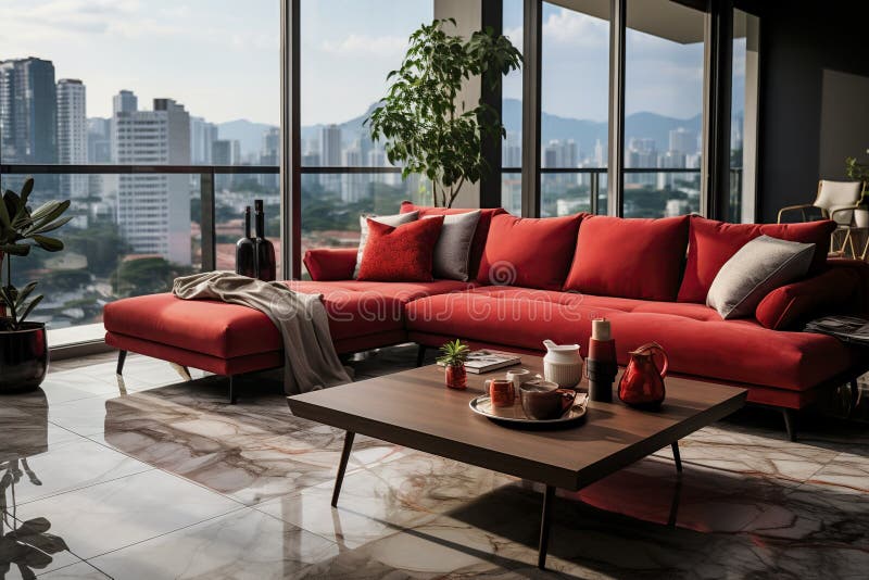 Spacious Modern Interior with a Large Sofa and Panoramic Windows in ...