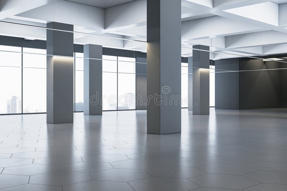 Spacious Modern Interior with Large Windows and Grey Pillars. 3D ...