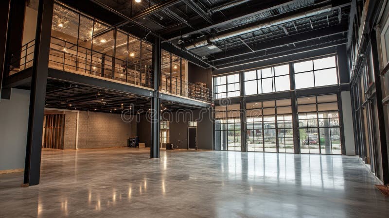 Spacious Modern Interior with Large Windows and a Lofted Area, Suitable ...