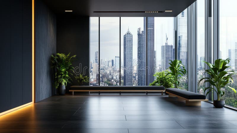 Spacious Modern Interior with Large Windows Overlooking City Skyline ...