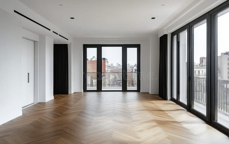 Spacious Modern Interior with Large Windows Overlooking a Green ...