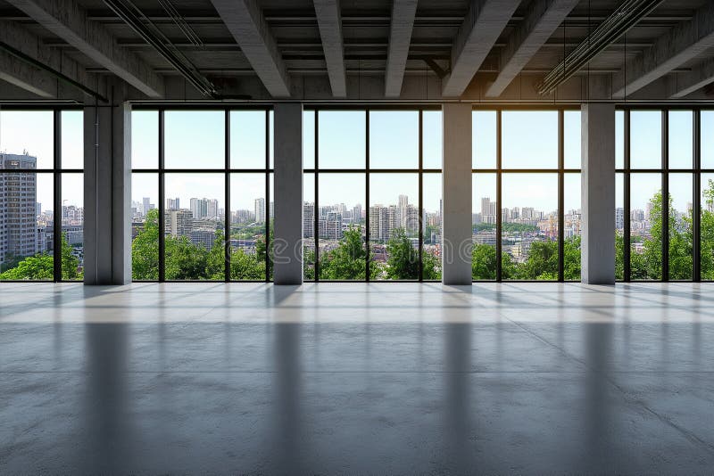 Spacious Modern Interior with Large Windows Showcasing City View and ...