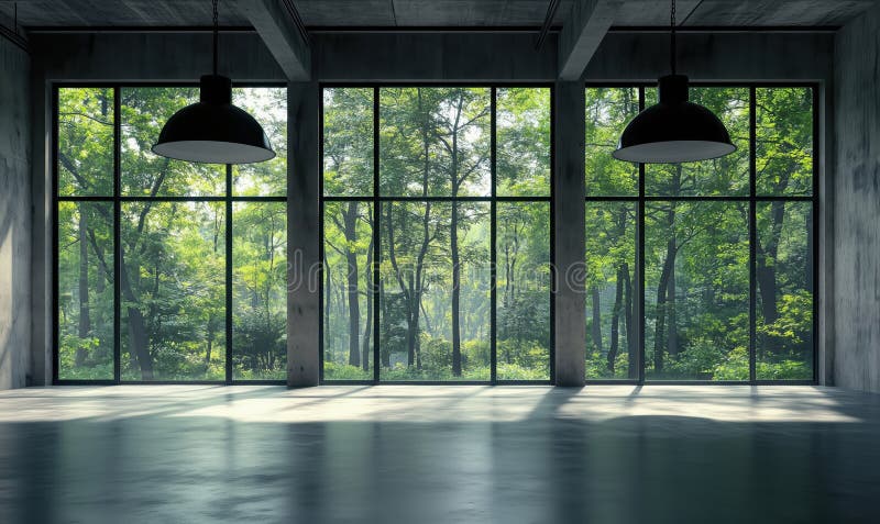 Spacious Modern Interior Large Windows Showcasing Lush Green Forest ...