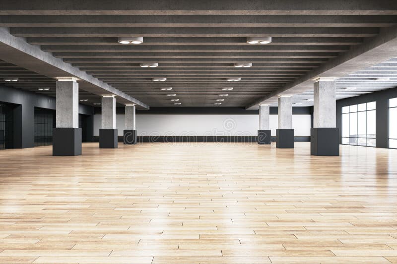 Spacious Modern Interior with Wooden Floor, Columns, and Large Windows ...
