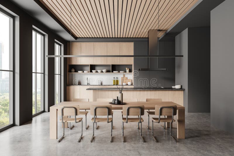 Spacious Modern Kitchen Interior Featuring Wooden Cabinets, a Large ...