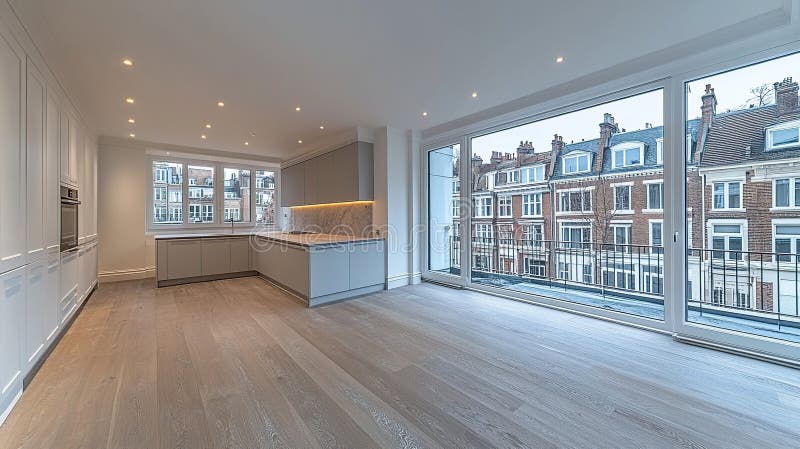 Spacious, Modern Kitchen-living Area with Expansive City Views Stock ...