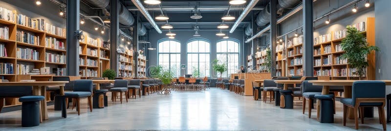 Spacious Modern Library Interior with Bookshelves and Seating Area Stock Photo - Image of ...