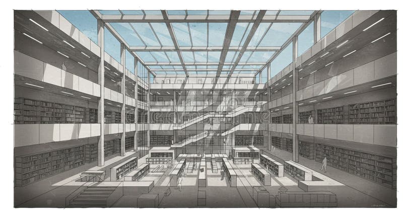 Modern Library with Minimalist Design and Open Floor Plan, Filled with ...