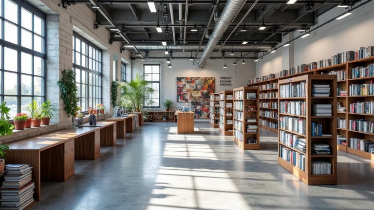 Spacious Modern Library Interior with Large Windows and Wooden ...