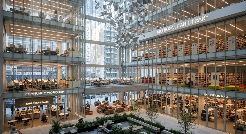 Spacious Modern Library Interior with Multiple Levels of Glass-enclosed ...