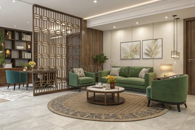 Modern Living Room with Partition, Green Sofa, and Coffee Table Stock ...