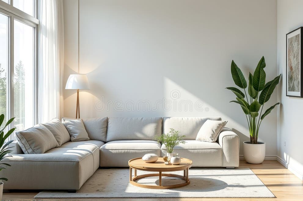 Spacious Modern Living Room with Large Windows and Comfortable Sofa ...