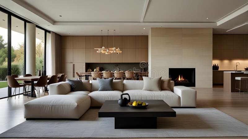 Spacious Modern Living Room with an Open Floor Plan and Neutral Color ...