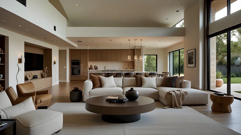 Spacious Modern Living Room with an Open Floor Plan and Neutral Color ...