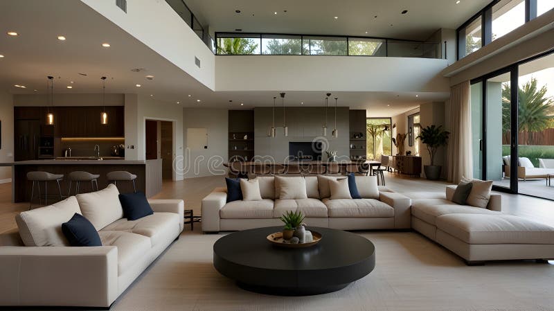 Spacious Modern Living Room with an Open Floor Plan and Neutral Color ...