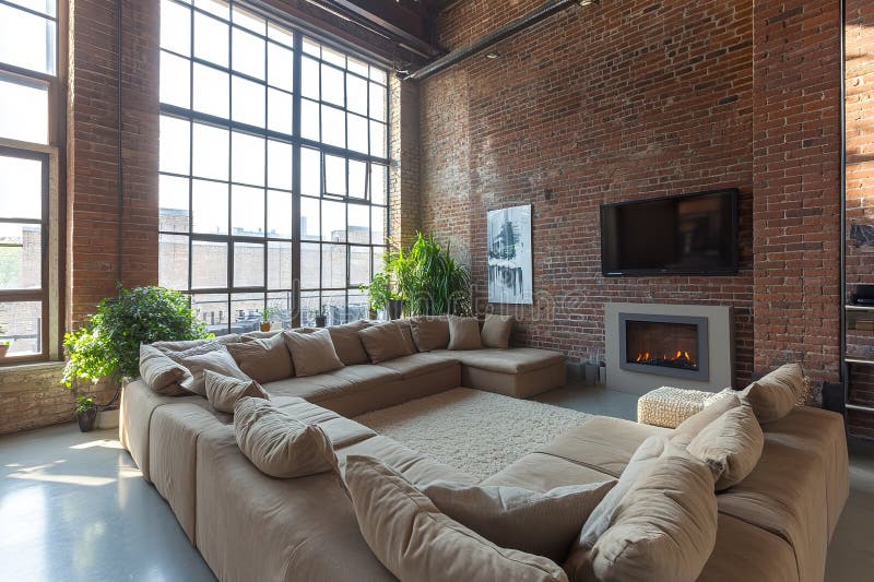 Spacious Modern Loft Living Room with Brick Walls and Large Windows ...