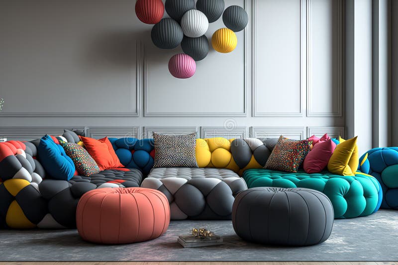 Spacious Modern Lounge with Grey Sofa and Colorful Pillows and Poufs ...