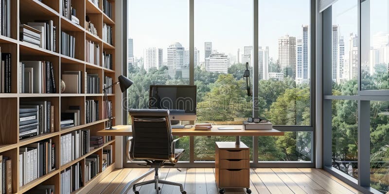 Spacious Modern Office with Cityscape View and Elegant Bookshelves for ...