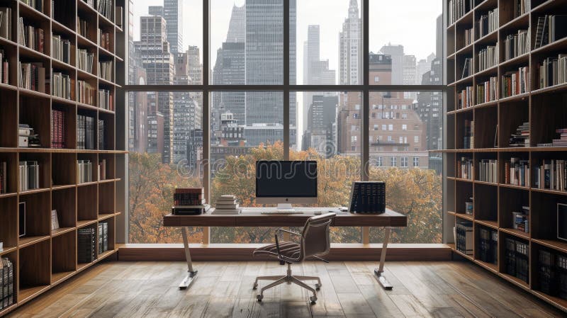 Spacious Modern Office with Cityscape View and Elegant Bookshelves for ...