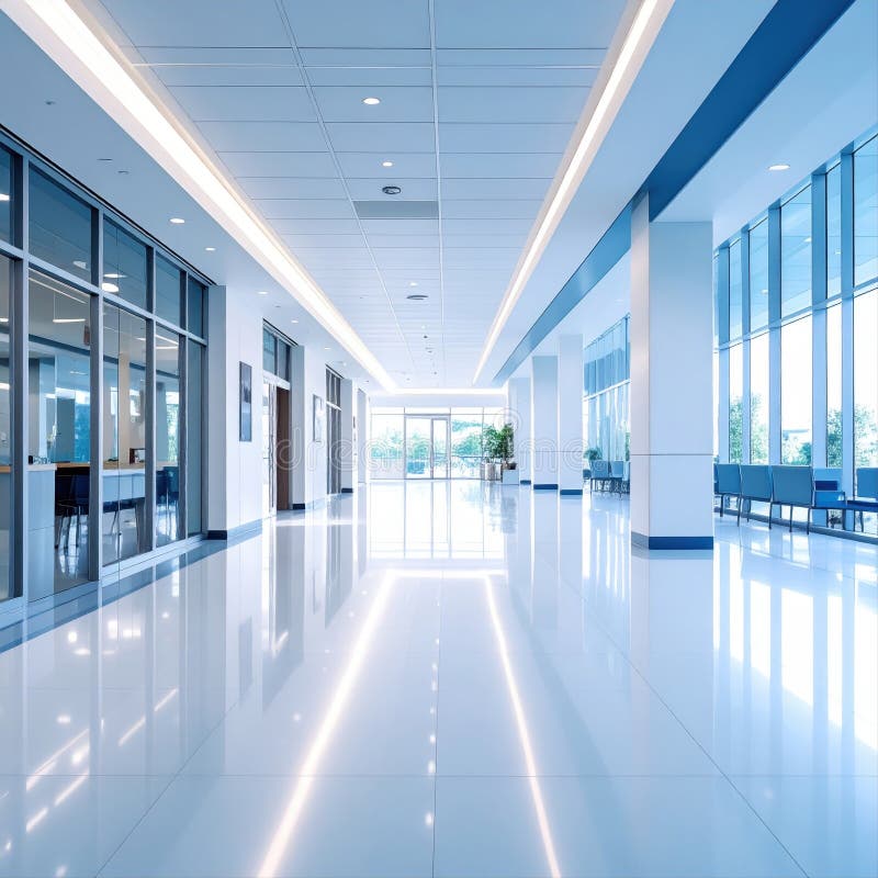 Spacious Modern Office Corridor with Large Glass and Bright Lighting ...
