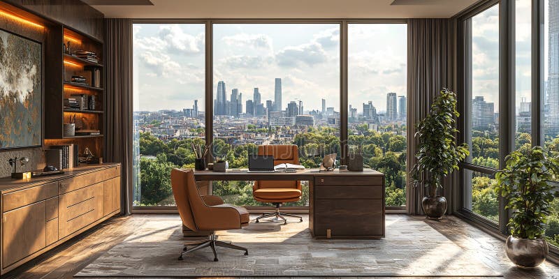Modern Workspace with Expansive Desk and City View in a Contemporary ...