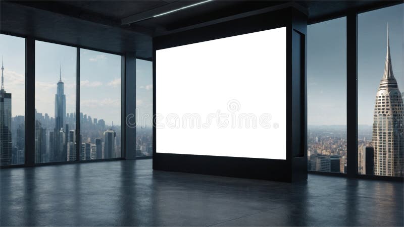 Modern Office Interior with Large White Projection Screen and Cityscape ...