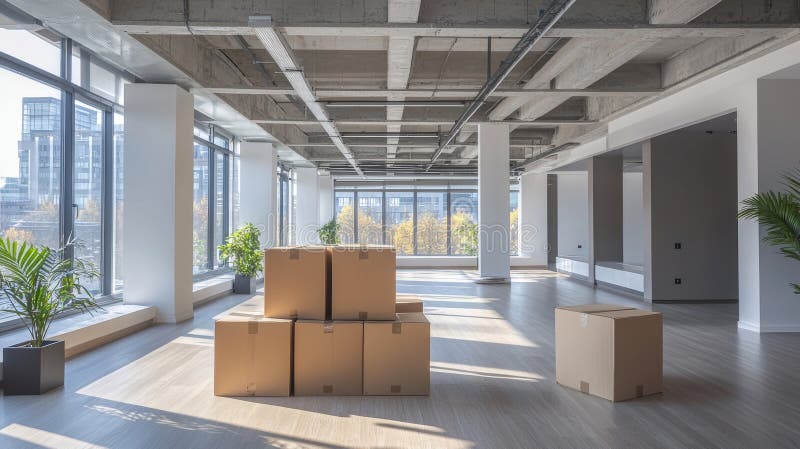 Spacious Modern Office Interior with Cardboard Boxes and Large Windows ...