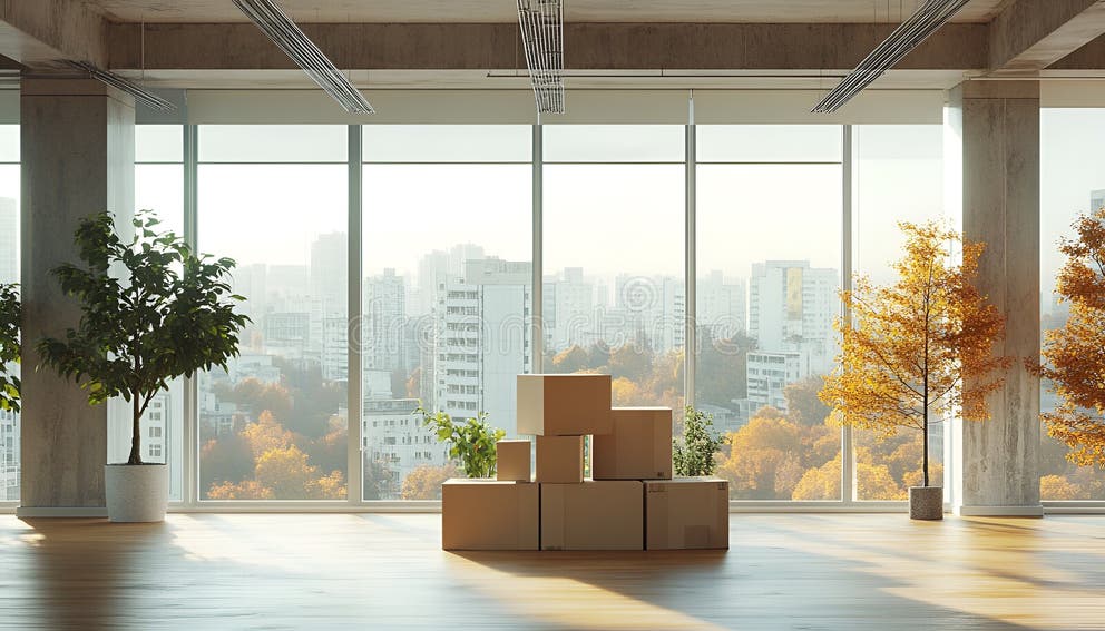Spacious Modern Office Interior with Cardboard Boxes and Large Windows ...