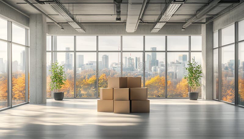 Spacious Modern Office Interior with Cardboard Boxes and Large Windows ...