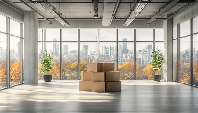 Spacious Modern Office Interior with Cardboard Boxes and Large Windows ...