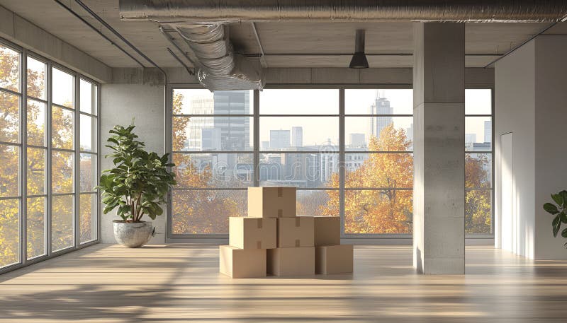 Spacious Modern Office Interior with Cardboard Boxes and Large Windows ...