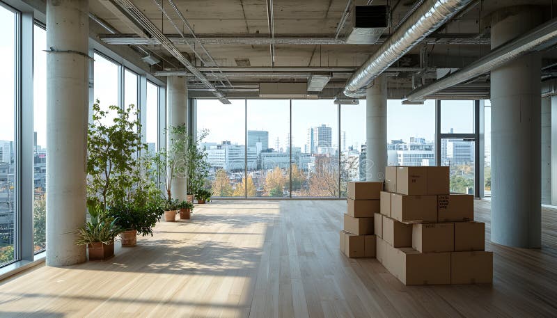Spacious Modern Office Interior with Cardboard Boxes and Large Windows ...