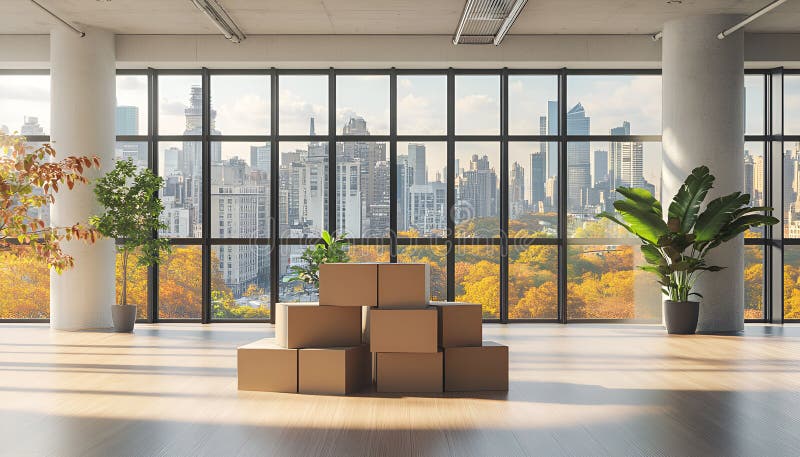 Spacious Modern Office Interior with Cardboard Boxes and Large Windows ...