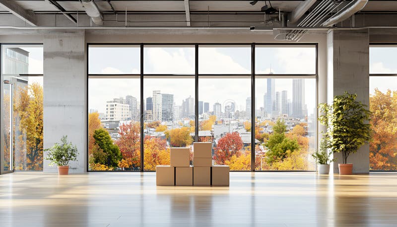 Spacious Modern Office Interior with Cardboard Boxes and Large Windows ...