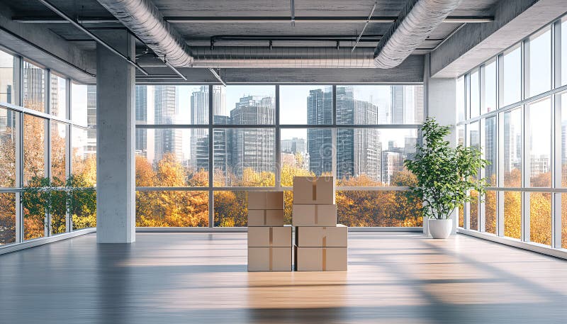 Spacious Modern Office Interior with Cardboard Boxes and Large Windows ...
