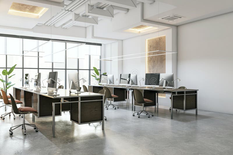A Spacious, Modern Office Interior with Desks, Chairs, and Computers, Light Color Scheme, Large ...