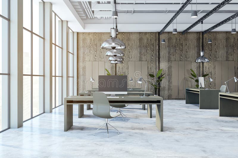 Spacious Modern Office Interior with Desks, Computers, and Large ...