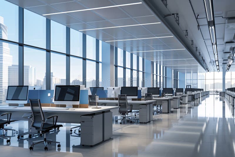 Empty Modern Office with Rows of Computers Stock Photo - Image of urban ...