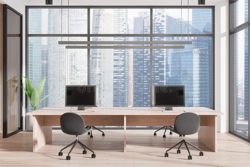 Spacious Modern Office Interior Featuring a Large Wooden Desk with ...