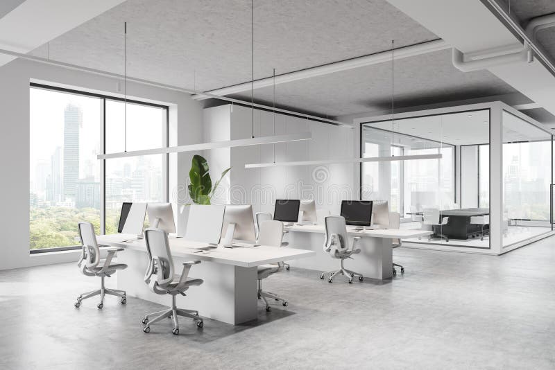 Spacious Modern Office Interior with Open Workspaces, Minimalist Design ...