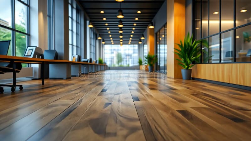Spacious Modern Office Interior with Wooden Flooring and Large Windows ...