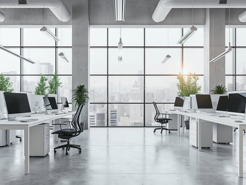 Modern Office with Large Windows and City View Stock Image - Image of ...