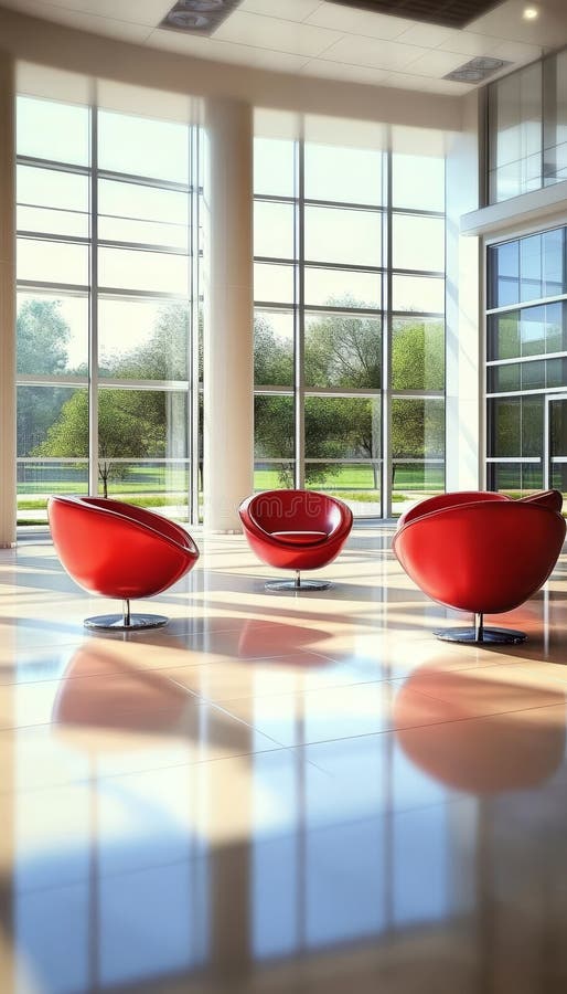 Spacious Modern Office Lobby, Comfortable Seating Area with Panoramic ...