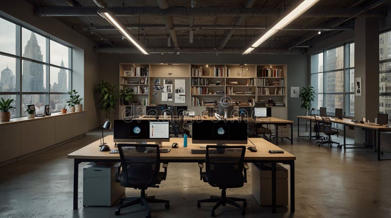 Spacious Modern Office with Open-plan Desks, Large Windows, and City ...
