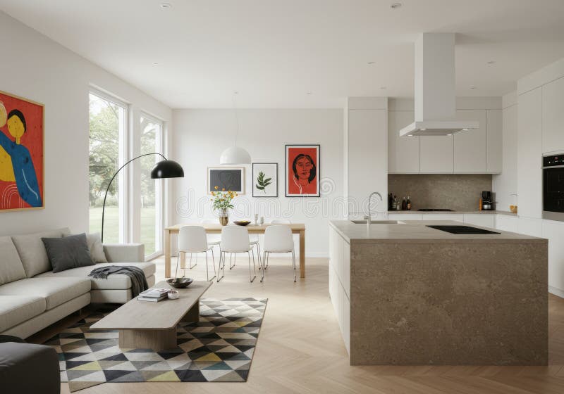 A Spacious and Modern Open-plan Living Area Featuring a Kitchen and ...