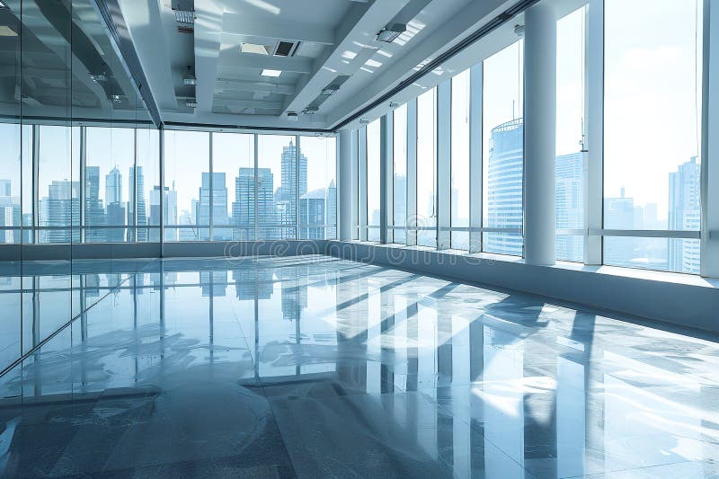 Spacious Modern Room with Large Glass Windows and Shiny Tile Flooring ...