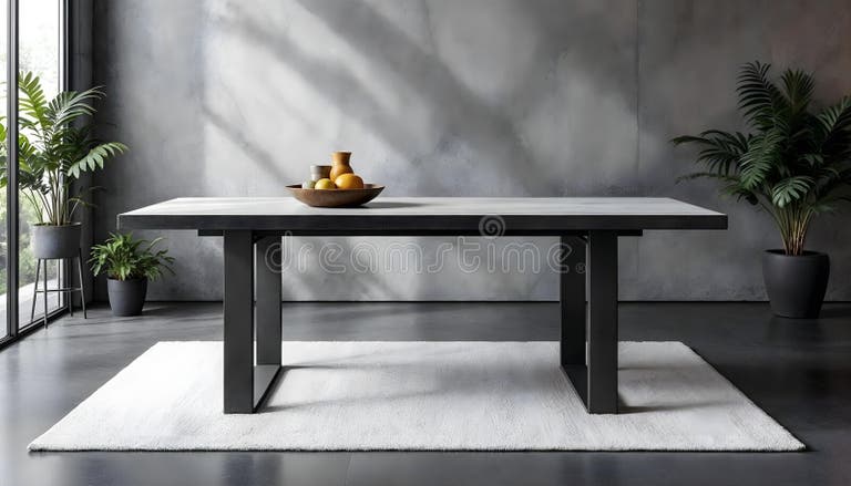 Spacious Modern Room with a Large Rectangular Table Centered on a White Rug Stock Illustration ...