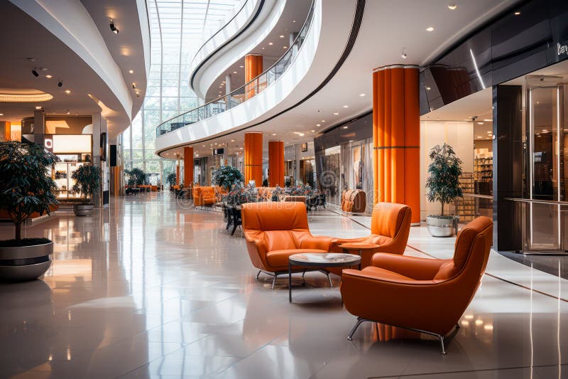Spacious, Modern Shopping Mall Interior with Bright Lighting and ...