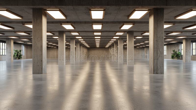 Spacious and Modern Vacant Interior with Concrete Pillars and Bright Lighting in an Urban ...