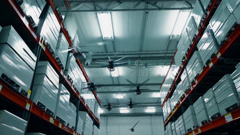 A Spacious Modern Warehouse with High Shelves Filled with Goods and ...